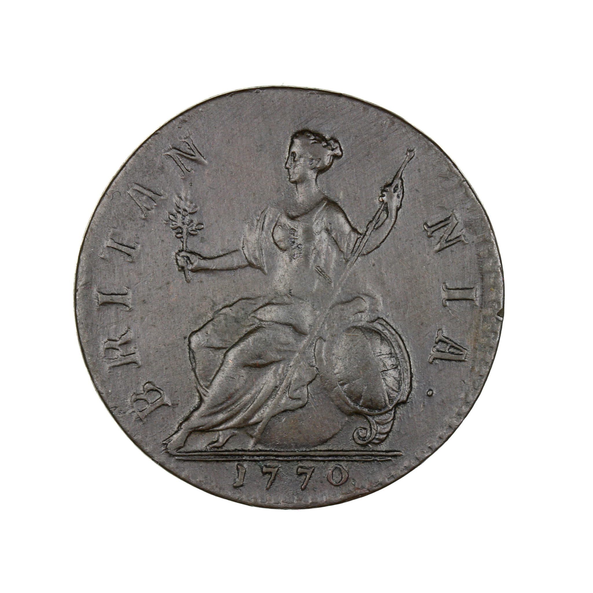 George III AD 1760-1820 Copper Halfpenny AD 1770 Draped and Cuir. bust ...