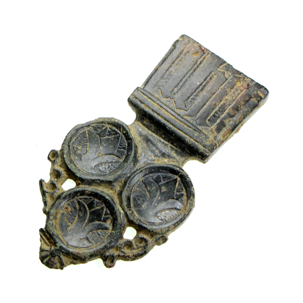 Medieval Bronze Strap end Flower design 'IHC' inscription 14th Century ...