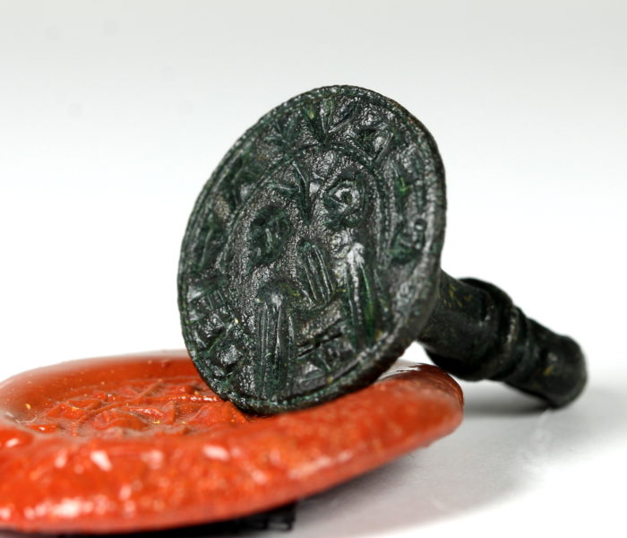 Medieval Bronze Seal Matrix - Two Figures facing 'AVE MARIA' (Hail Mary ...