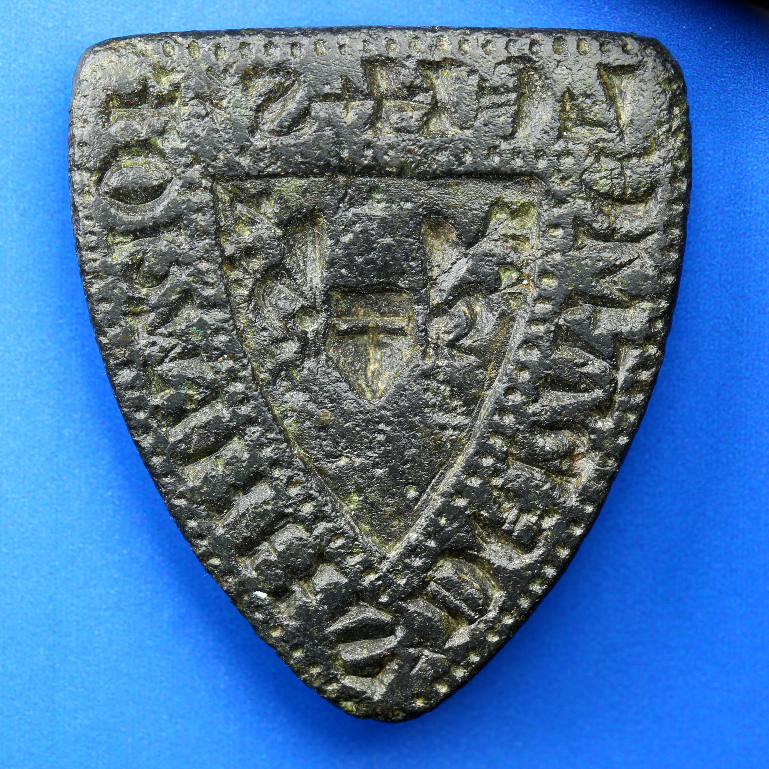 Medieval Bronze Armorial Seal Matrix - shield depicting knights helmet ...